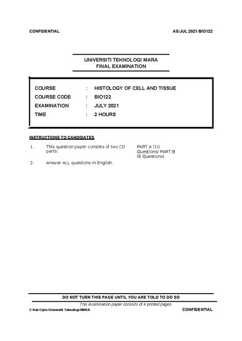 Bio122 July 2021 Course Histology Of Cell And Tissue Course