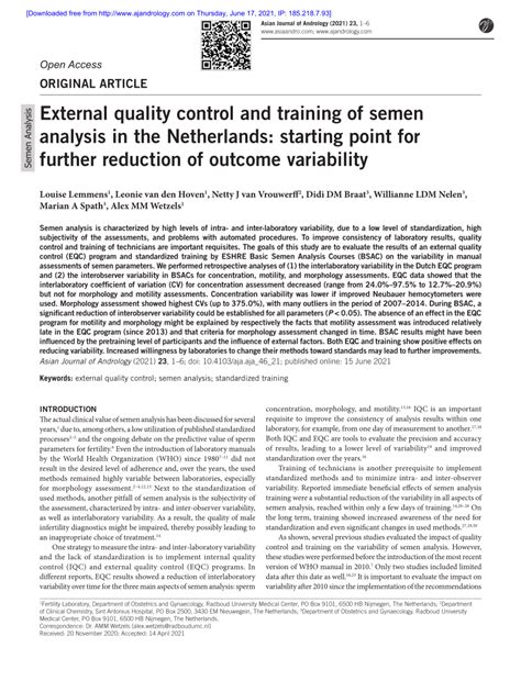 Pdf External Quality Control And Training Of Semen Analysis In The