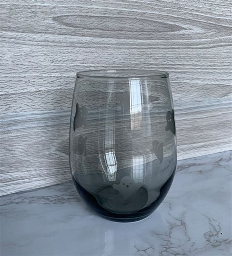 Ghost Etched Smoky Black Stemless Wine Glass Etsy
