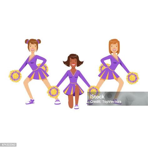 기억할 만한 경쟁 동안 풋볼 팀을 지원 하기 위해 댄스와 치 어 리더 소녀 화려한 만화 캐릭터 벡터 일러스트 레이 션 교육에