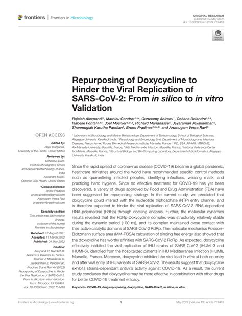Pdf Repurposing Of Doxycycline To Hinder The Viral Replication Of Sars Cov 2 From In Silico