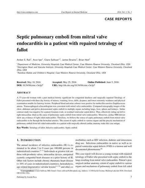 Pdf Septic Pulmonary Emboli From Mitral Valve Endocarditis In