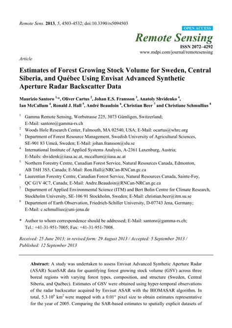 Pdf Estimates Of Forest Growing Stock Volume For Sweden Central Siberia And Québec Using