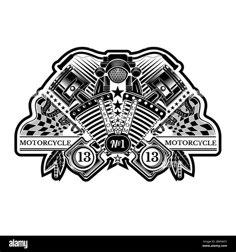Motor With Two Crossed Pistons Between Checkered Flags Vintage Motorcycle Design On White Stock