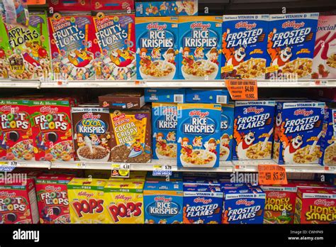 Boxes Of Kelloggs Breakfast Cereals With Generic Brands Mixed In On