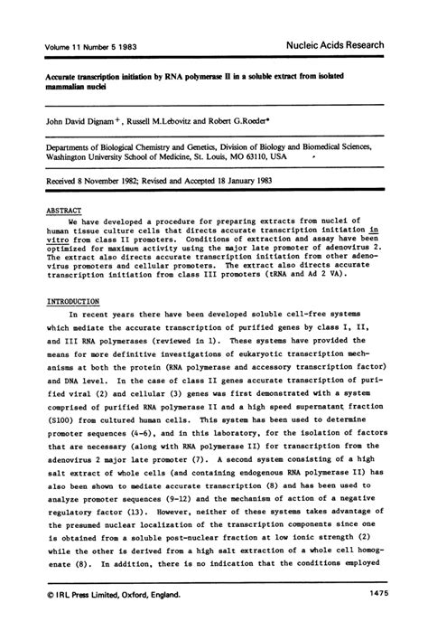 Pdf Accurate Transcription Initiation By Rna Polymerase Ii In A