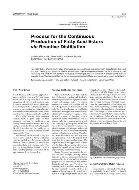 Pdf Process For The Continuous Production Of Fatty Acid Esters Via Reactive Distillation