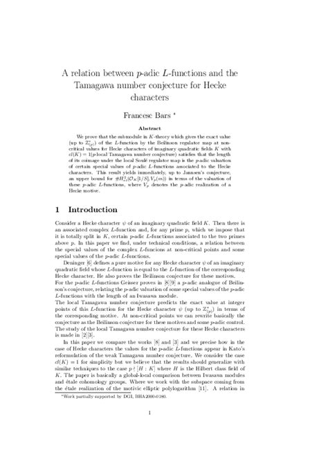 Pdf A Relation Between P Adic L Functions And The Tamagawa Number Conjecture For Hecke Characters
