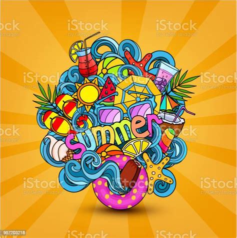 벡터 여름 테마에 손으로 그린 한다면 즉 크림 파도 우산 슬레이트 칵테일 불가사리 공 코코넛 선글라스 디자인에 대 한 추상 요소입니다 공 스포츠 장비에 대한 스톡 벡터 아트