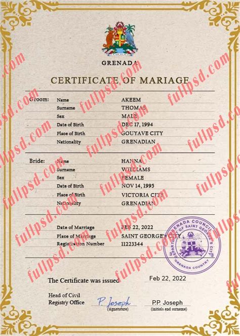 Grenada Marriage Certificate Psd Photoshop Template Fullpsd