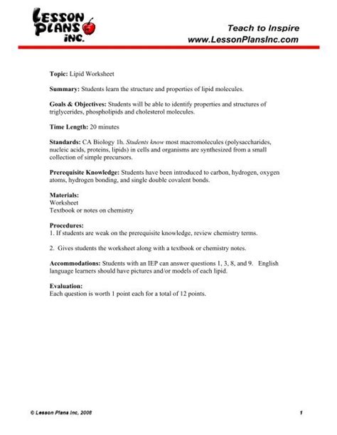 Lipids Worksheet Lebanon High School Worksheets Library