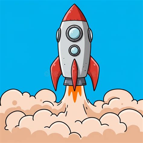 Cartoon Rocket Launching Into A Clear Blue Sky Stock Illustration Illustration Of Orange