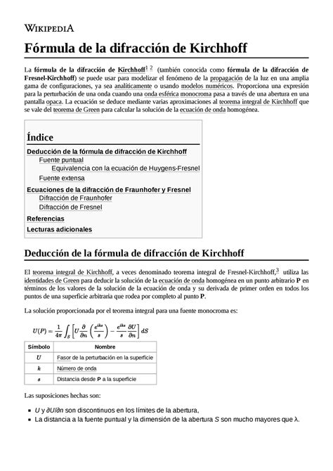 Fórmula De La Difracción De Kirchhoff Proporciona Una Expresión Para