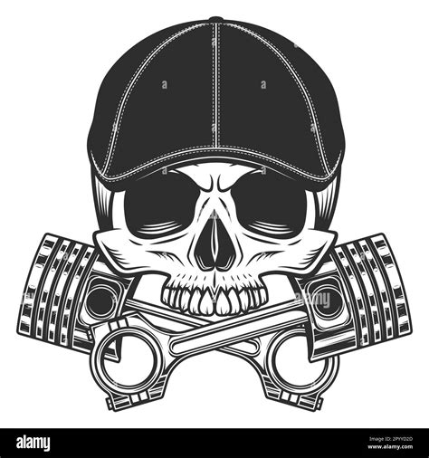 Biker Skull Without Jaw In Gatsby Flat Cap With Crossed Engine Pistons
