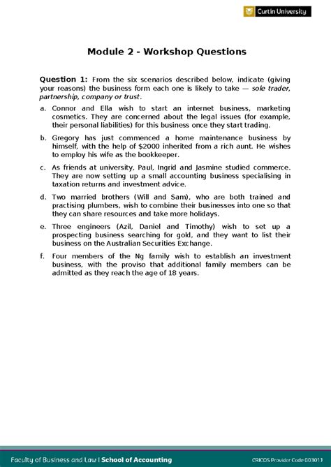 Acct1002 M2 Workshop Questions Module 2 Workshop Questions Question 1 From The Six