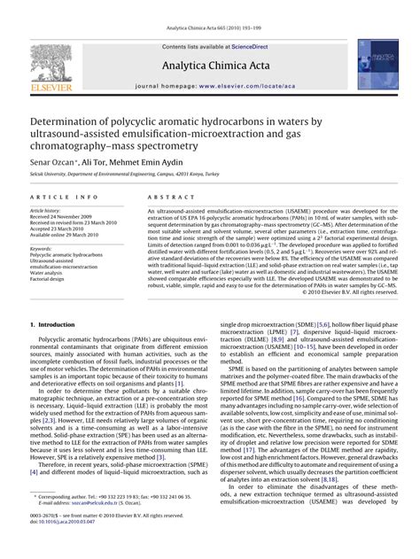 Pdf Determination Of Polycyclic Aromatic Hydrocarbons In Waters By Ultrasound Assisted