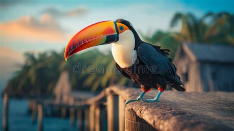 Vibrant Toucan Portrait On Beach Dock Stunning Vray Tracing Artwork