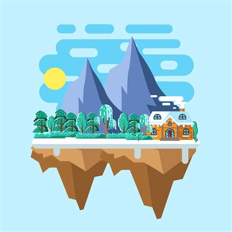 평면 디자인 일러스트와 함께 겨울 시즌에 떠 있는 섬 프리미엄 벡터