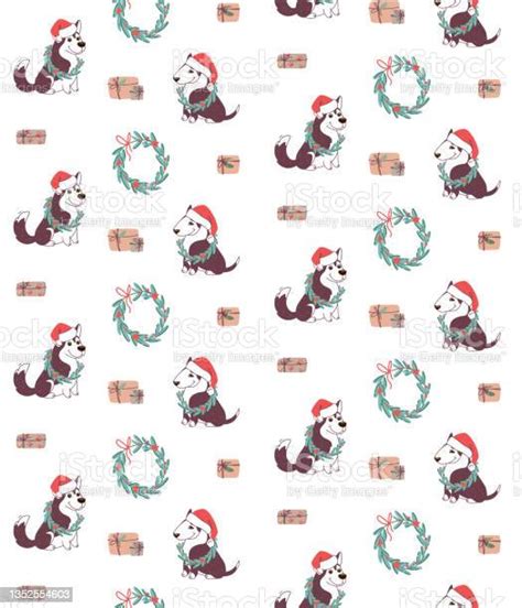 화환과 개가 있는 Dhristmas 매끄러운 패턴 플랫 스타일의 벡터입니다 개에 대한 스톡 벡터 아트 및 기타 이미지 개