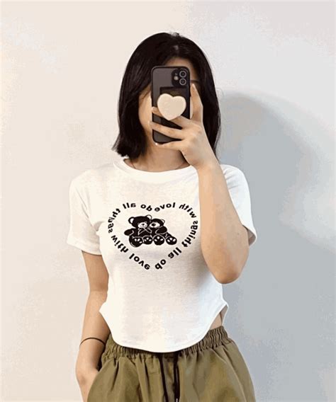 오픈기념 1 1할인💥 [세미크롭 키작녀추천] 러브베어 밑단 라운드 허리 슬림핏 러블리 반팔 크롭티 모델핏 필수템 3color