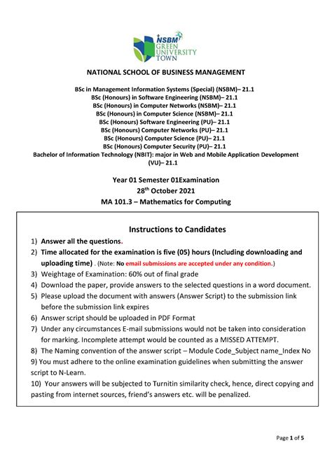 211 Y1s1 28oct2021 Mathematics For Computing National School Of Business Management Bsc In