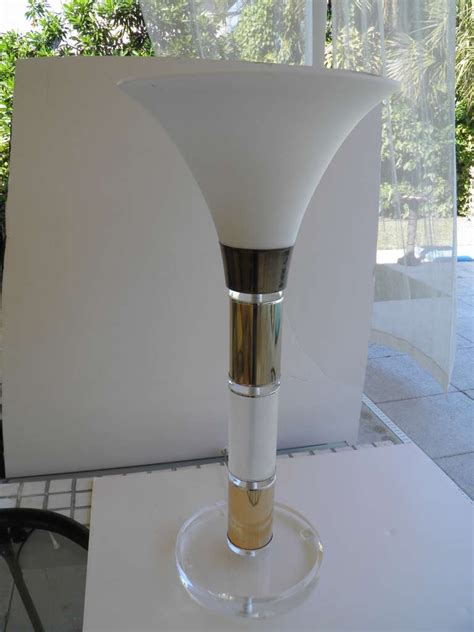 1960 Mcm Lucite Brass Table Torchiere Lamp Frosted Glass Shade For