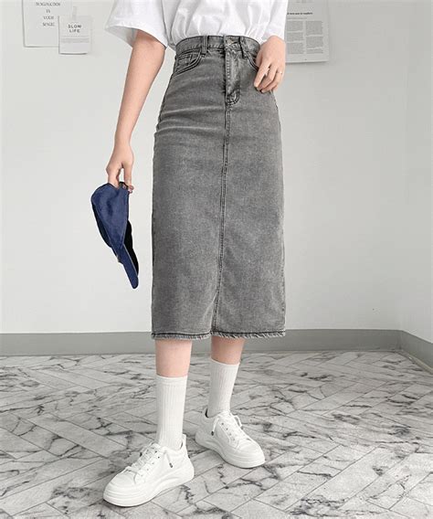 내일도착 모노톤 데님롱스커트 트임롱스커트 흑청 데일리 청치마