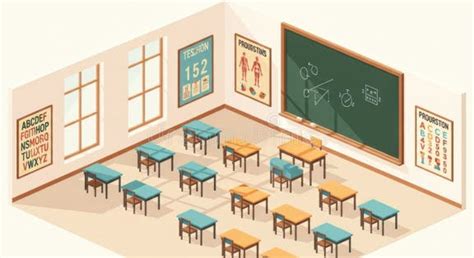 Isometric Classroom Illustration Empty Desks Chalkboard Equations