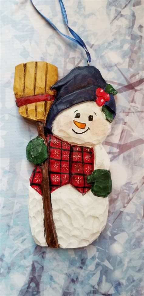 Sold Rustic Country Snowman Wood Carving Ornament Hand Carved By