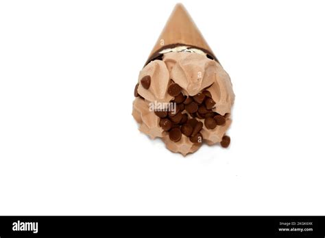 Ice Cream Of Cocoa Creamy Chocolate Cone With Topping Of Chocolate