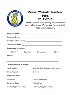 Fillable Online Duncan Wildcats Volunteer Form Fax Email