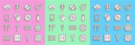 세트 라인 스테레오 스피커 Usb 플래시 드라이브 비닐 디스크 음악 노트 인간의 머리 음성 비서 스트리밍 서비스 및 Cd 또는 Dvd 아이콘 벡터 Usb 케이블에 대한 스톡