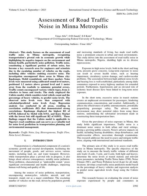 Assessment Of Road Traffic Noise In Minna Metropolis Pdf Transport