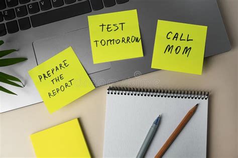 Different Reminder Notes And Laptop On White Table Flat Lay Stock