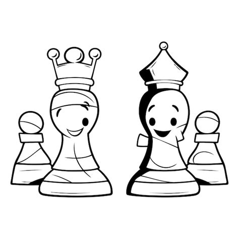체스 왕과 여왕 흑백 만화 일러스트레이션 터 프리미엄 벡터