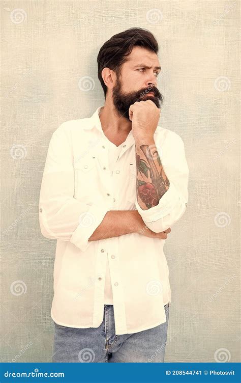 Model Posing Bearded Man Wear White Shirt Male Casual Fashion Summer Collection Stock Image