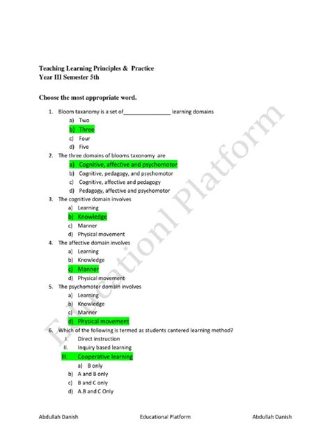 Teaching Learning Principle 5th Semester Bsn Mcqs With Key Educational