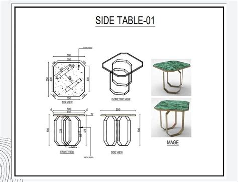 Designer Side Table Cad Drawing With Green Marble Top