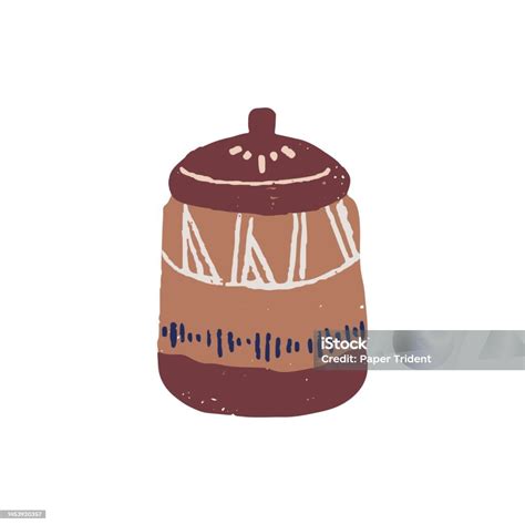 뚜껑으로 덮인 세라믹 냄비 수제 도자기 수제 도자기 에나멜 장식이 있는 설탕 그릇 트렌디한 석기 디자인 주방용품 흰색 배경에 격리된 평면 벡터 그림 공예에 대한 스톡 벡터