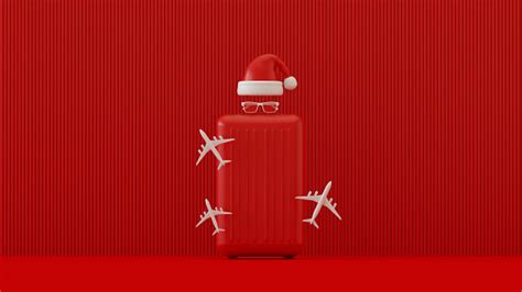 빨간 배경에 가방 수하물 비행기와 산타 모자크리스마스 여행 휴가 개념 0명에 대한 스톡 사진 및 기타 이미지 0명 3차원 형태 Bon Voyage Istock
