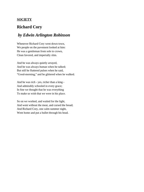 Richard Cory Illusions Of Wealth Pdf Metre Poetry
