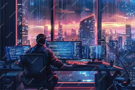 A Man Sitting At A Desk In Front Of Two Computer Monitors Premium Ai Generated Image