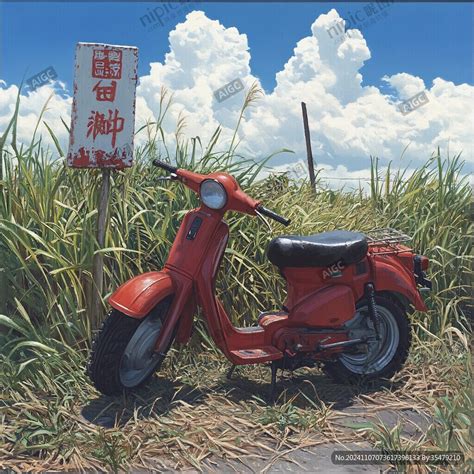 Ai创作图插画电动车 怀旧年代静系列 80年代摩托车 手绘五一兜风 远郊摩托车 电动车小景 南麂岛插画 80年代复古手绘风 红海滩手绘 电动车