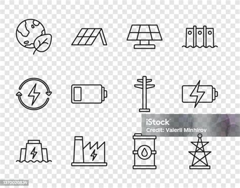 세트 라인 수력 댐 전기 타워 태양 에너지 패널 원자력 발전소 지구 지구 와 잎 배터리 바이오 연료 배럴 및 아이콘 벡터 강에 대한 스톡 벡터 아트 및 기타 이미지 Istock