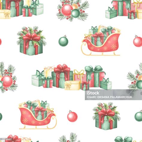 리본이 달린 선물 상자와 눈송이가 달린 산타의 썰매 크리스마스 완벽 한 패턴입니다 손으로 그린 수채화 그림입니다 축제 끝없는 장식품 포장 직물 섬유를 위한 겨울 휴가 템플릿