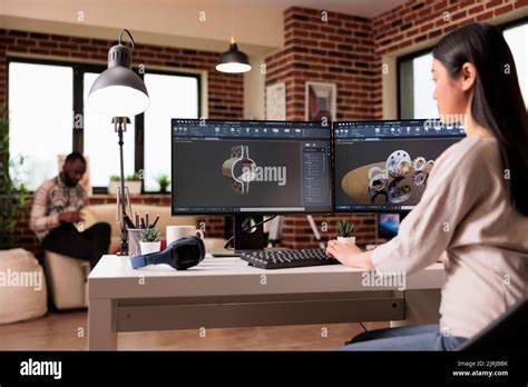 Industry Developer Manufacturing Machine Product On Pc Working With Industrial Machinery