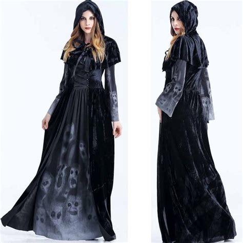 Halloween Adult Witch Devil Costume Cosplay Horror Skull Long Dress