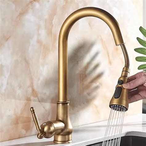 Antique Brass Kitchen Tap With Pull Out Spray Kitchen Sink Tap Swivel Hot And Cold Single