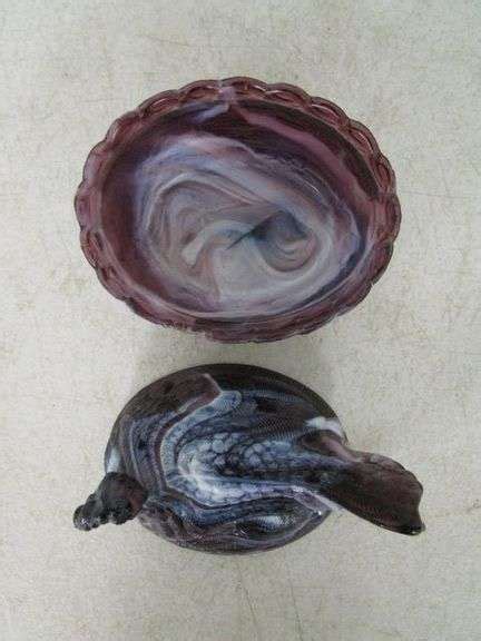 Purple Slag Glass 6 Hen On Nest Oberman Auctions