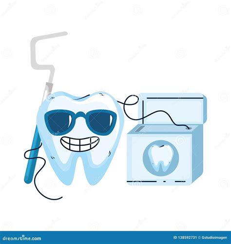 Comic Tooth With Dental Floss Kawaii Character Stock Vector